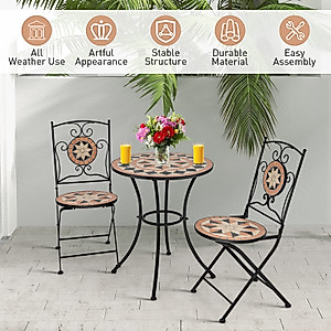 Tangkula 3 Pieces Patio Bistro Set, Outdoor Garden Furniture Set with Round Mosaic Coffee Table & 2 Folding Chairs, Portable Bistro Table & Chair Set for Balcony, Backyard, Poolside, Porch, Balcony