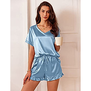 Ekouaer Silk Pajamas Set for Women Satin Short Sleeve Sleepwear V Neck Sleep Set 2 Piece Pj Set Light Blue Large