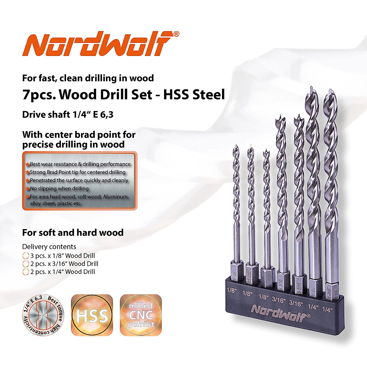 NordWolf 7-Piece HSS Brad Point Wood Drill Bit Set with 1/4" Hex Shank for Carpenter Woodworking, SAE Sizes 1/8"(x3)-3/16"(x2)-1/4"(x2)