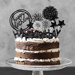 BEAN LIEVE Birthday Candles Set - Cake Topper Decoration with Cake Candles Confetti Balloon Stars and Fan Cupcake Toppers 12 Pieces Birthday Cake Decor for Birthday Party Celebration (Black)