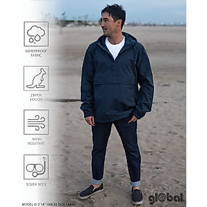 Global Blank Windbreaker Men’s Rain Jacket, Waterproof Hoodie Zip-Up Anorak, Black, Large
