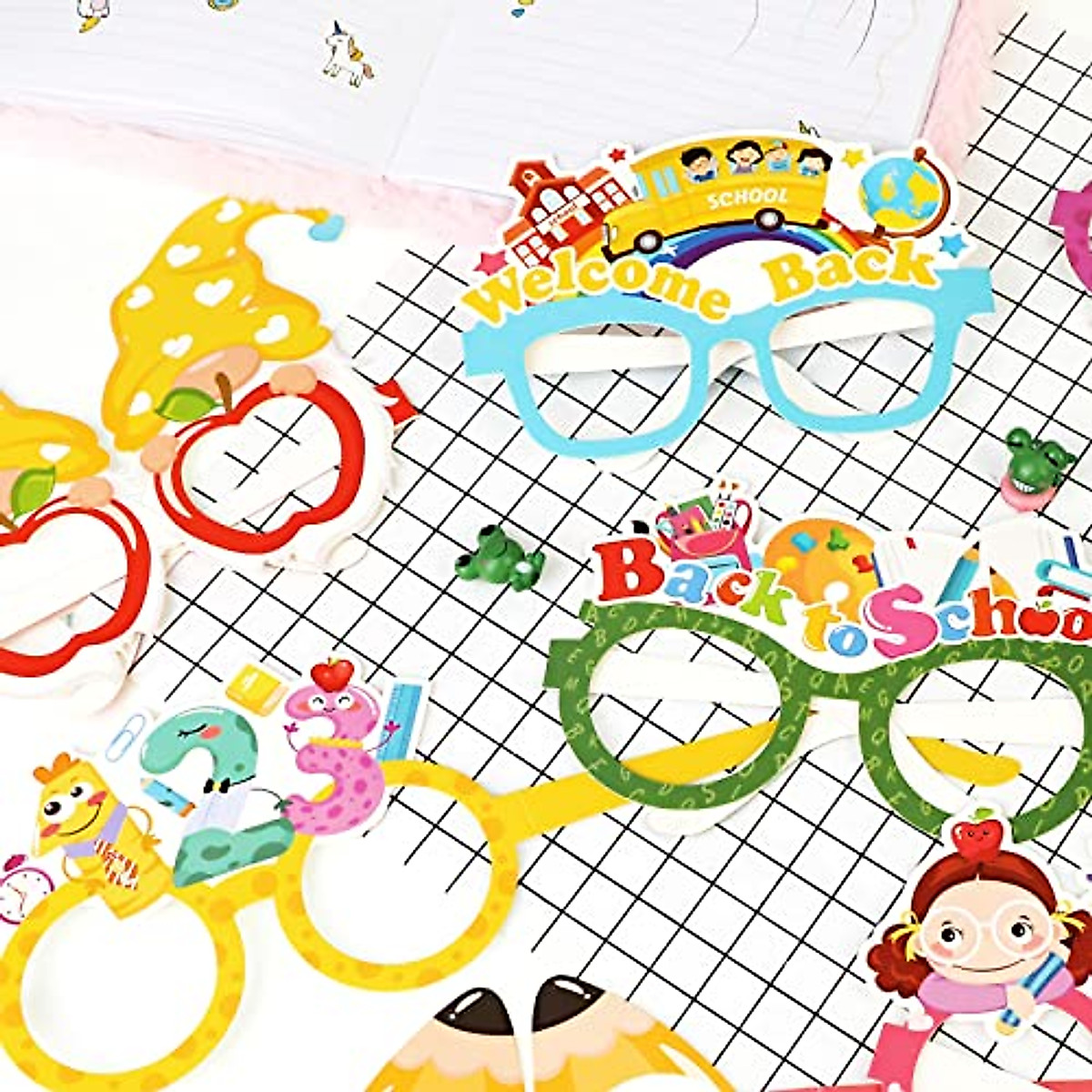 HOWAF 27 pcs Back to School Party Glasses Photo Booth Props, First Day of School Paper Glasses for Kindergarten Preschooler Photo Booth Props Party Decorations Supplies, Back to School Selfie Party Photo Booth Props Supplies