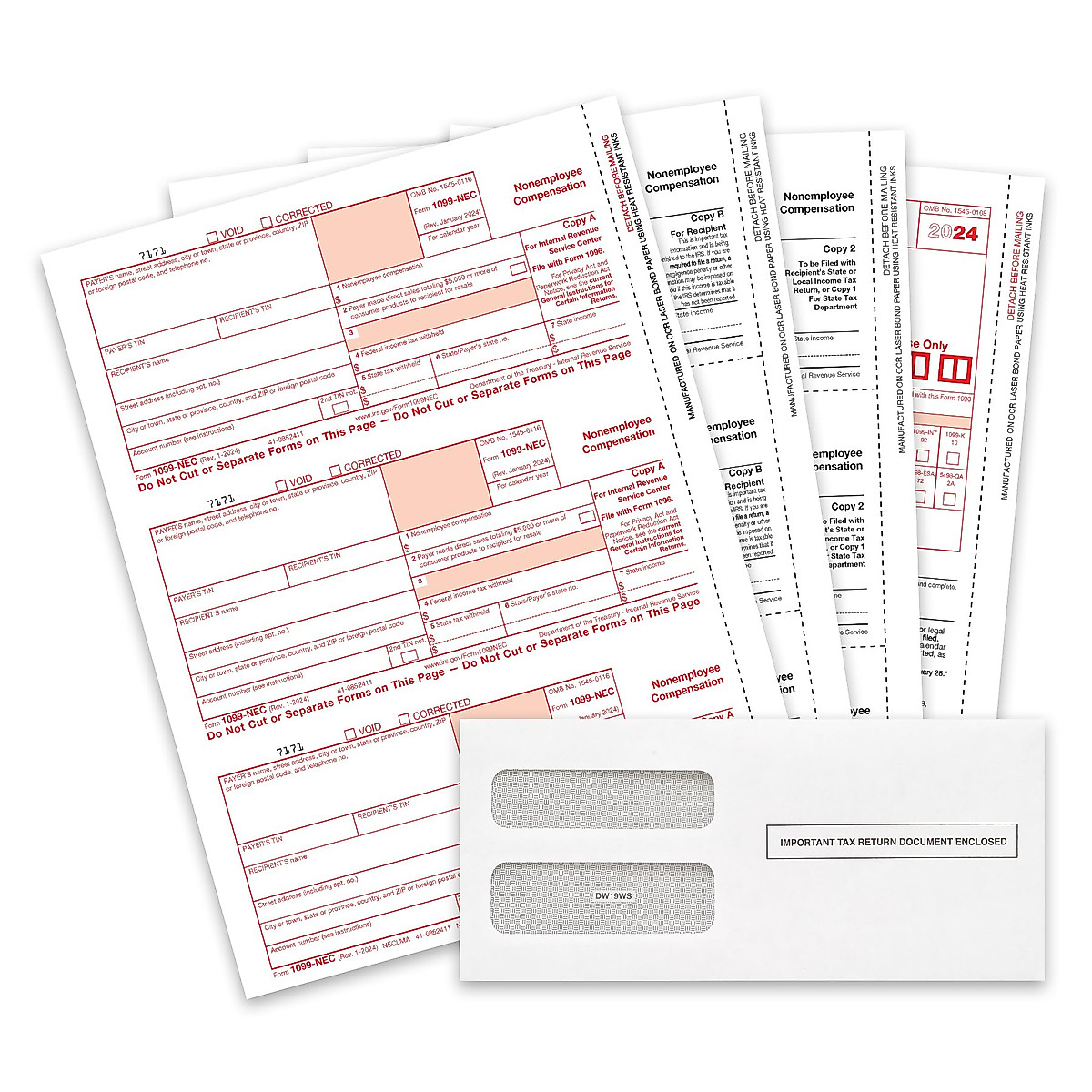 Blue Summit Supplies 1099 NEC Tax Forms 2022, 50 4 Part Tax Forms Kit, Compatible with QuickBooks and Accounting Software, 50 Self Seal Envelopes Included