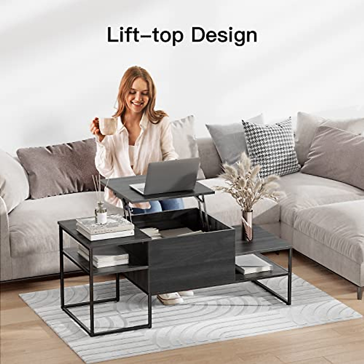 Amada Lift Top Coffee Table, Rectangle Coffee Table with Hidden Compartment and Storage Shelf, Modern Coffee Table for Living Room, Office, Entertainment Center, AMCT3B
