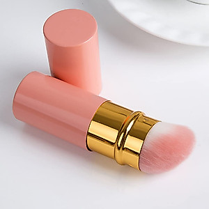 RN BEAUTY Retractable Kabuki Brushes Foundation Brush Powder Brush Blush Brush Extensible Makeup Brush Face Blender Brush Professional Mineral Blending Buffing Concealer Brush Aluminum Case Portable With Cover (Angled Top, Pink)