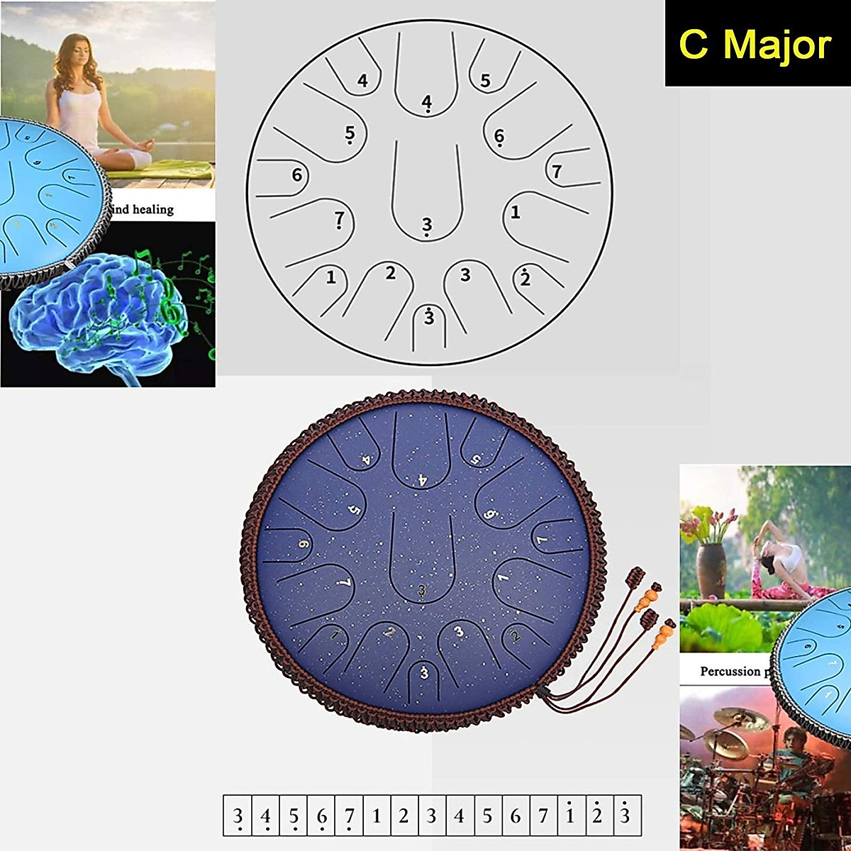 Steel Tongue Drum 15 Note 14 Inch Harmonic Tank Drum Handpan Drum Meditation Yoga Zen with Mallets Travel Bag for Beginner Music Lovers Gift (Color : Black)