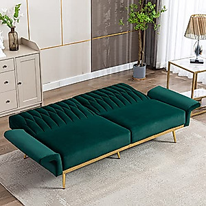 TTGIEET Velvet Convertible Futon Sofa Bed with Golden Metal Legs, 70" Tufted Loveseat Couch Sleeper Futon Sofa with Adjustable Armrests for Home Living Room Bedroom (Green)