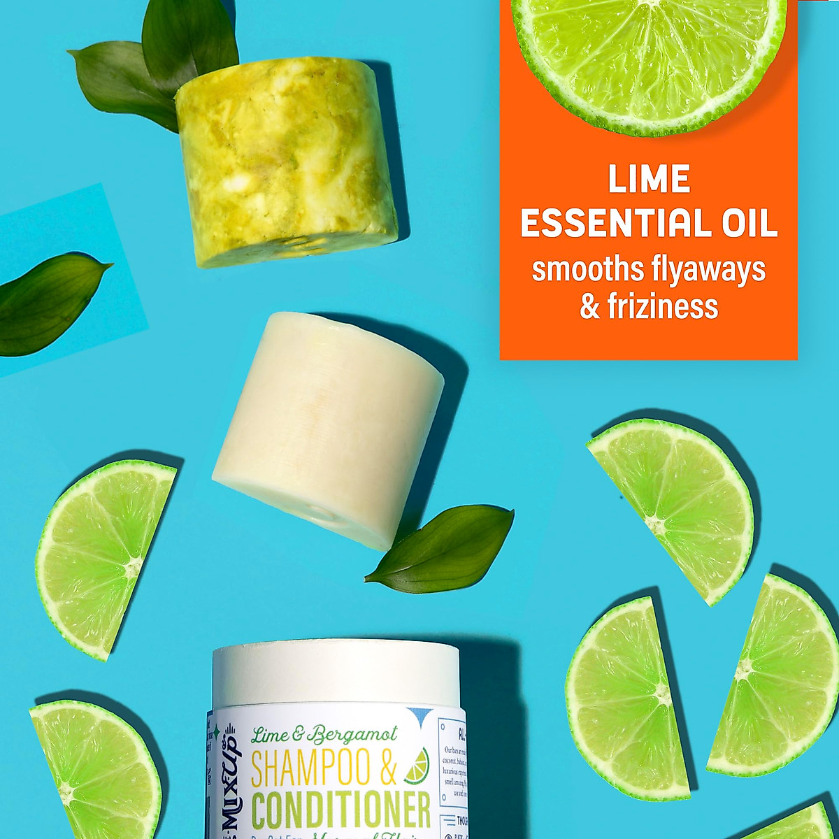 All Natural Solid Shampoo and Conditioner Bar Set - Lime & Bergamot Shampoo Bar and Conditioner Bar made with Gentle Coconut Surfactants, Argan Oil, Babassu Oil, Vegan Silk, Vitamin B5, Oat Proteins for Hair Health and Volume