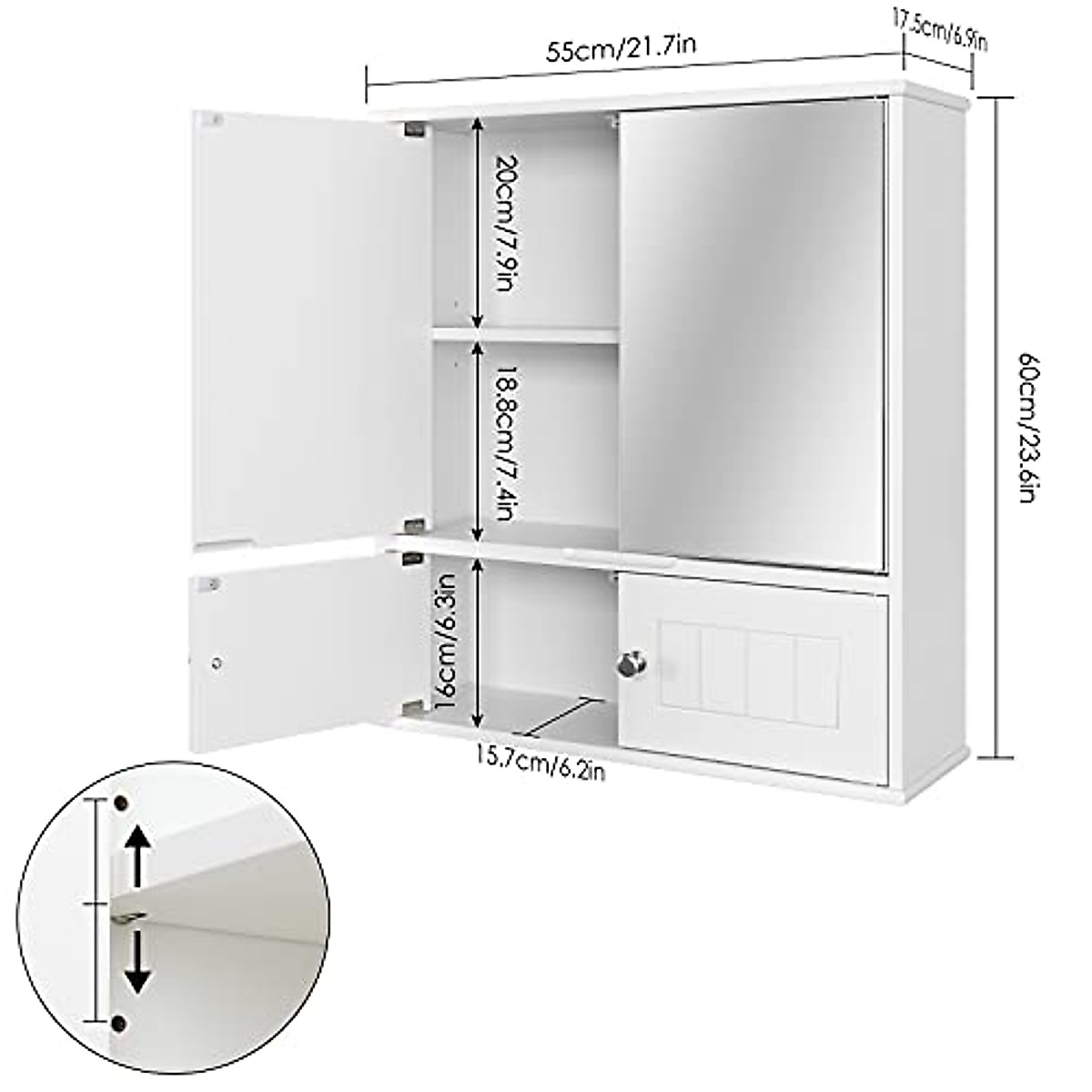 URKNO Bathroom Medicine Cabinet with Double Mirror Doors, Wood Hanging Wall Cabinet with Adjustable Shelf, Mirror Storage Cabinet for Bathroom, Living Room, White