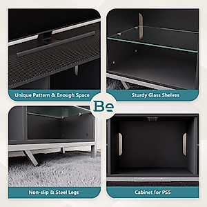 Bestier TV Stand with LED Light for 75 inch TV, Modern Gaming Entertainment Center with Detachable Glass Shelves for PS5 Black Carbon Fiber