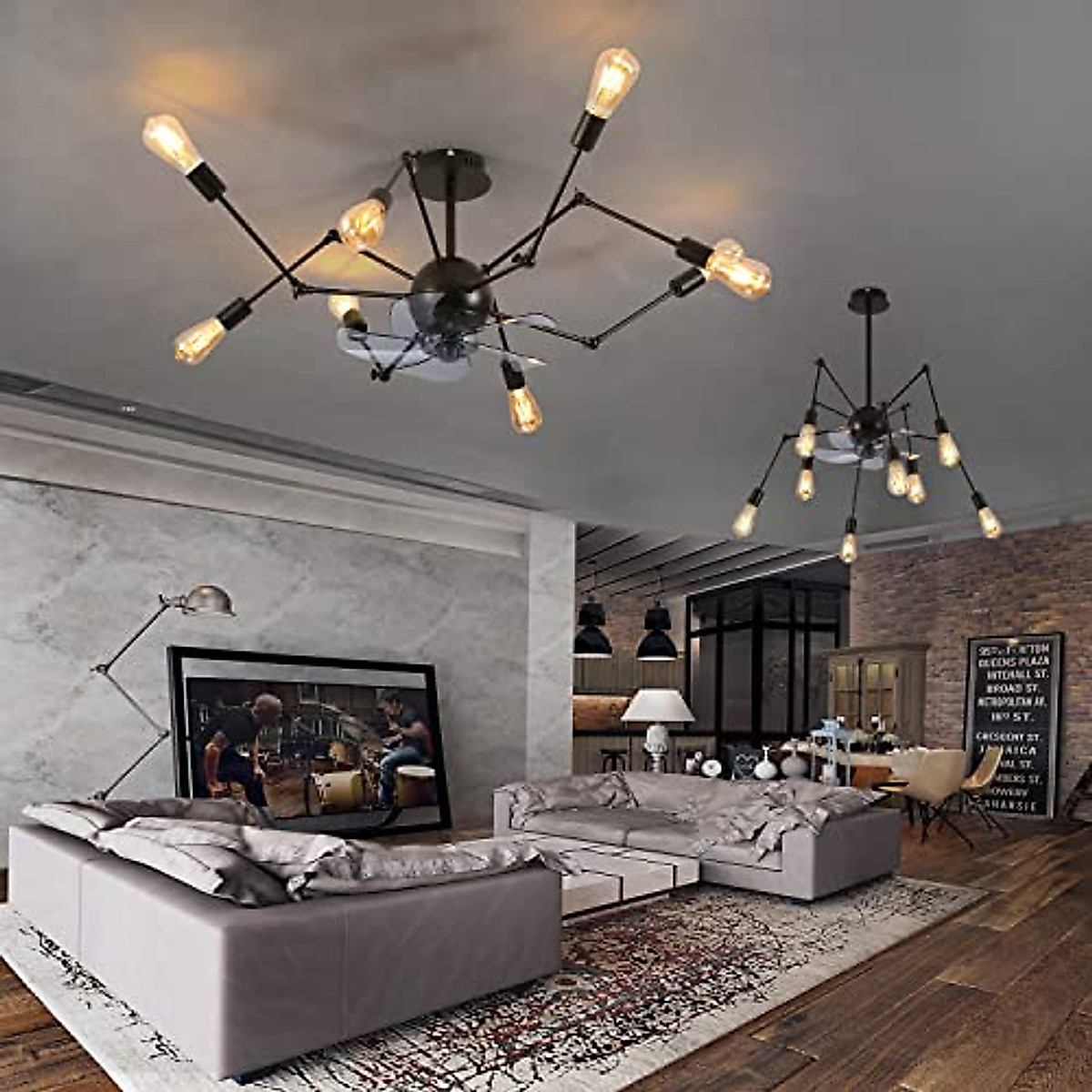 Aukali Ceiling Fans with Lights, Low Profile Ceiling Fan with Lights Remote Control, 45" Flush Mount Ceiling Light, Timer, 6 Speeds, Vintage Chandeliers for Dining Room, Bedroom (8 Lights)