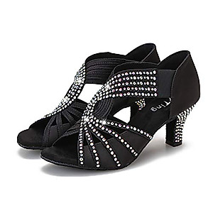YYTing Half Rhinestones Ballroom Dance Shoes Women Latin Salsa Practice Wedding Indoor Crystals Footwear 2.5in Heels YT05(7,Black)
