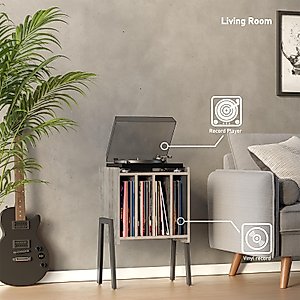 TUTOTAK Record Player Stand, Record Storage Table, End Table with Vinyl Holder Display Shelf, Side Table, Turntable Stand, Nightstand (Greige)