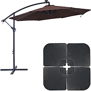 Sunnydaze 10-Foot Offset Cantilever Brown Solar Patio Umbrella with Outdoor LED Lights Crank and Cross Base and Set of 4 Black Heavy-Duty Cantilever Offset Patio Umbrella Base Plates Bundle