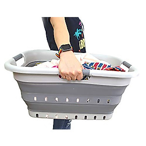 SAMMART 41L (10.8 gallon) Set of 2 Collapsible 3 Handled Plastic Laundry Basket-Foldable Pop Up Storage Container/Organizer-Space Saving Hamper/Basket (2, Grey/Dark Grey)