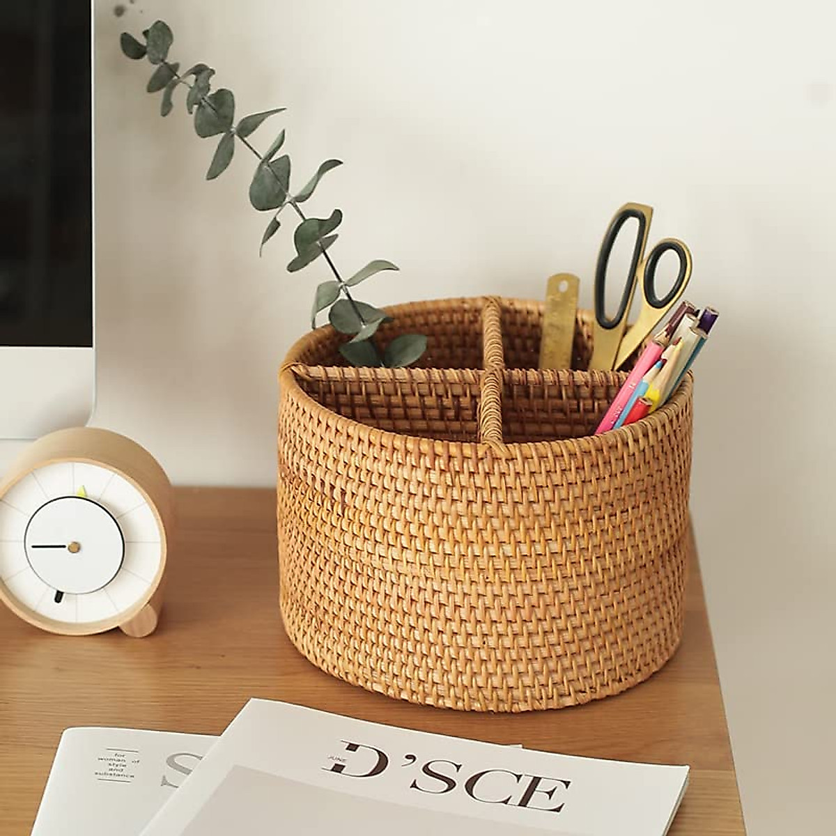 2packs Handweaved Rattan Four Divider Box Without Lid | 4 Compartments Storage Box Cosmetics Organizer Utensil and Bottle Serving Basket | 1Pack Round and 1Pack Squre Rattan Divider Storage Holders