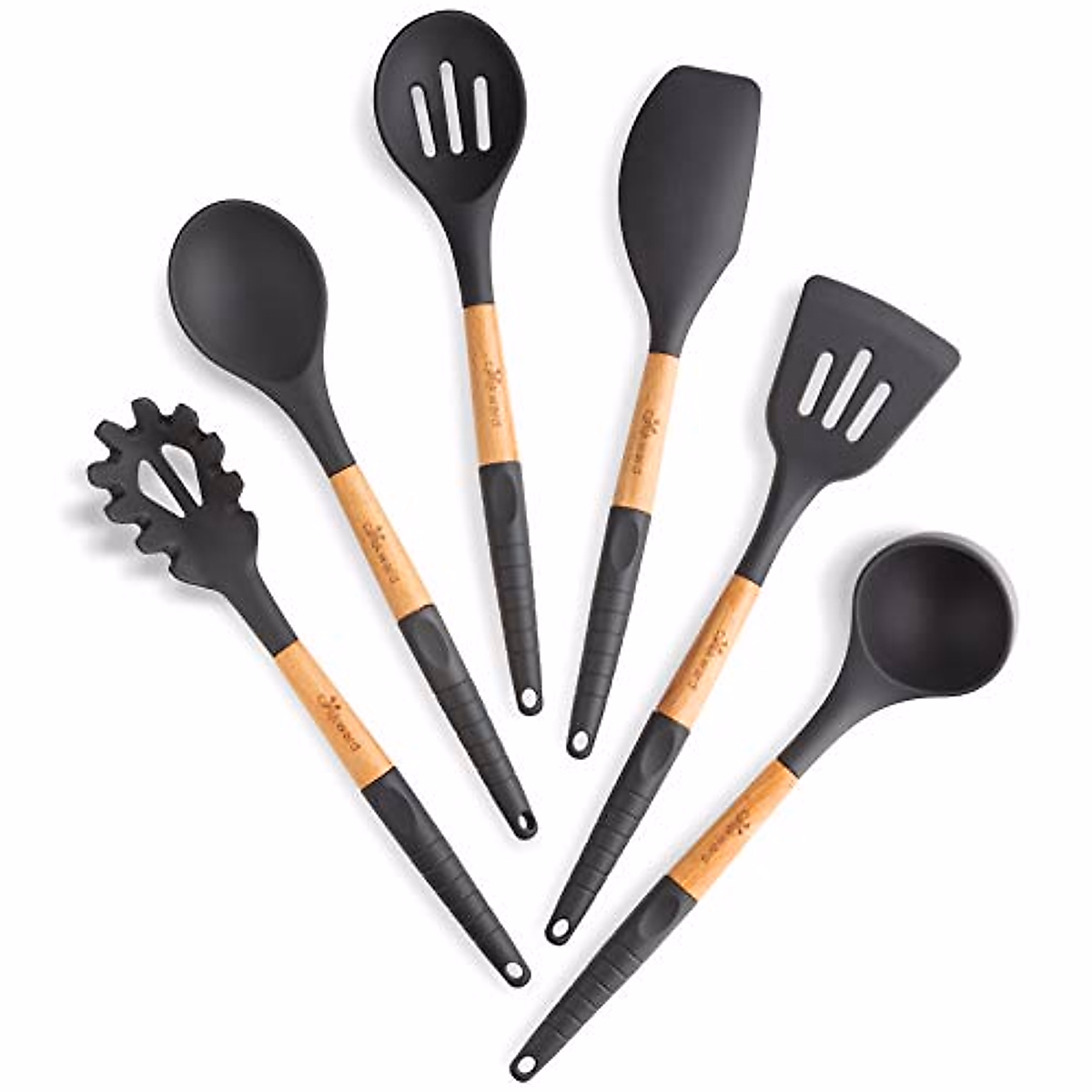 Silicone Cooking Utensils Set (6 pcs) Natural Wood Kitchen Utensils – Eco Friendly & BPA Free, Non Scratch & Non Stick Easy Grip Cooking Tools And Best Kitchen Gadgets Tools for Cookware