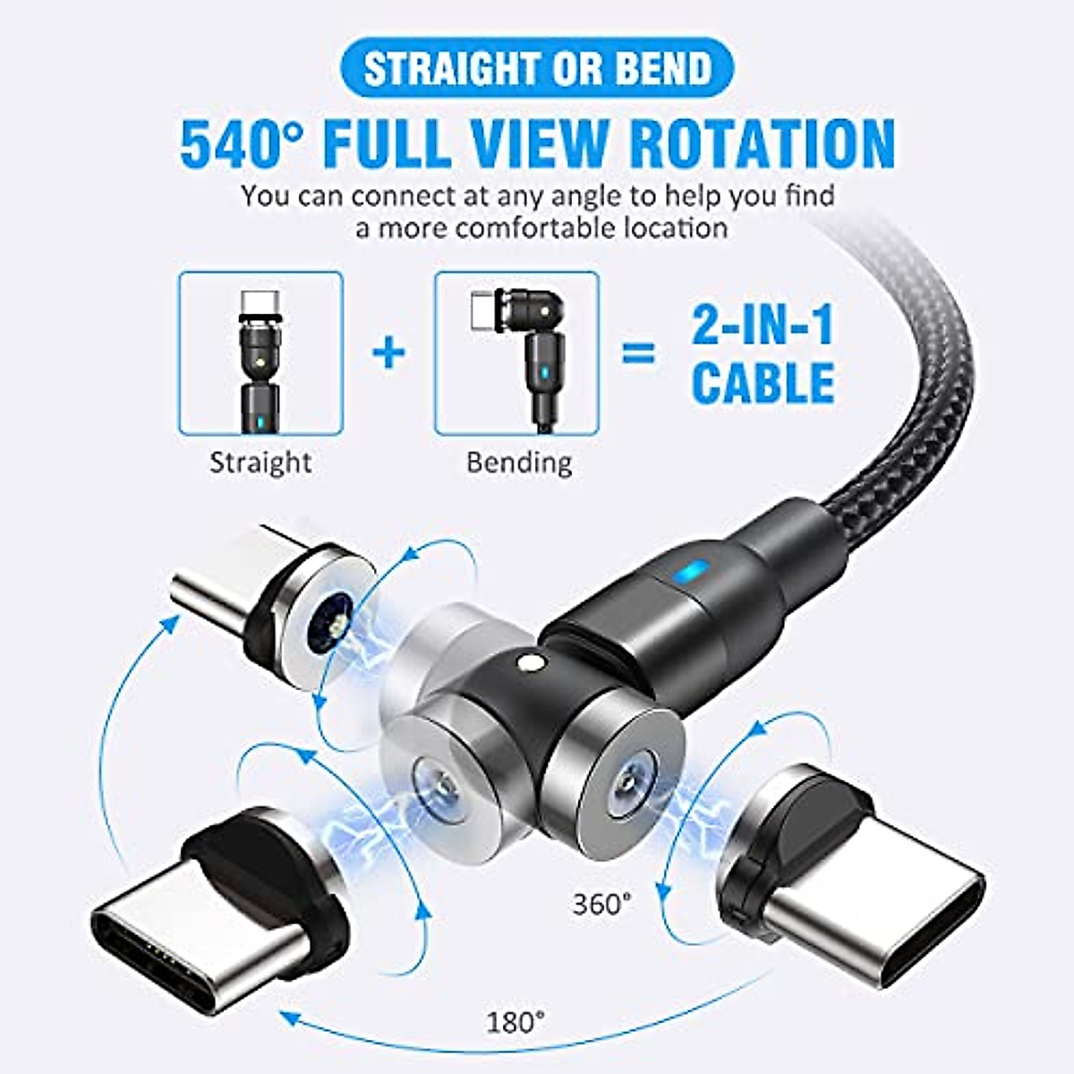 CJOY Magnetic Charging Cable(4 Pack 10ft+10ft+10ft+10ft), 540°Degree Rotation Magnetic USB Cable, Nylon Braided Magnetic Phone Charger, Charging Cable for Type C, Micro USB…