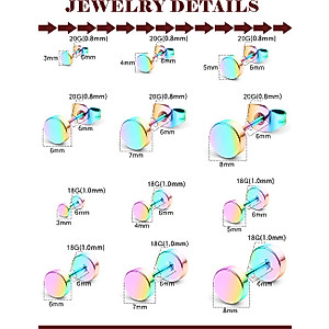 Prjndjw 12 Pairs 20G 18G Surgical Steel Flat Top Stud Earrings Set for Women Men Helix Tragus Barbell Stud Earrings Piercing Jewelry Mix Sizes 3mm 4mm 5mm 6mm 7mm 8mm Mixed color