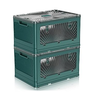 Sindax 2 Pack Storage Bins with Lids - 13.8 Gallon Collapsible Large Storage Bins with Wheels and Door, Stackable Storage Bins for Clothing, Blankets, Books, Bedding
