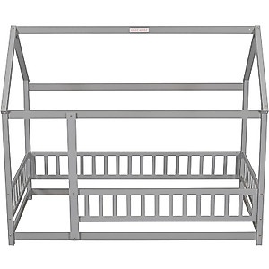 Harper & Bright Designs Twin Floor Bed for Kids, Wooden Twin Montessori Floor Bed with Fence-Shaped Rails, Twin Size House Bed for Girls, Boys(Twin, Grey)