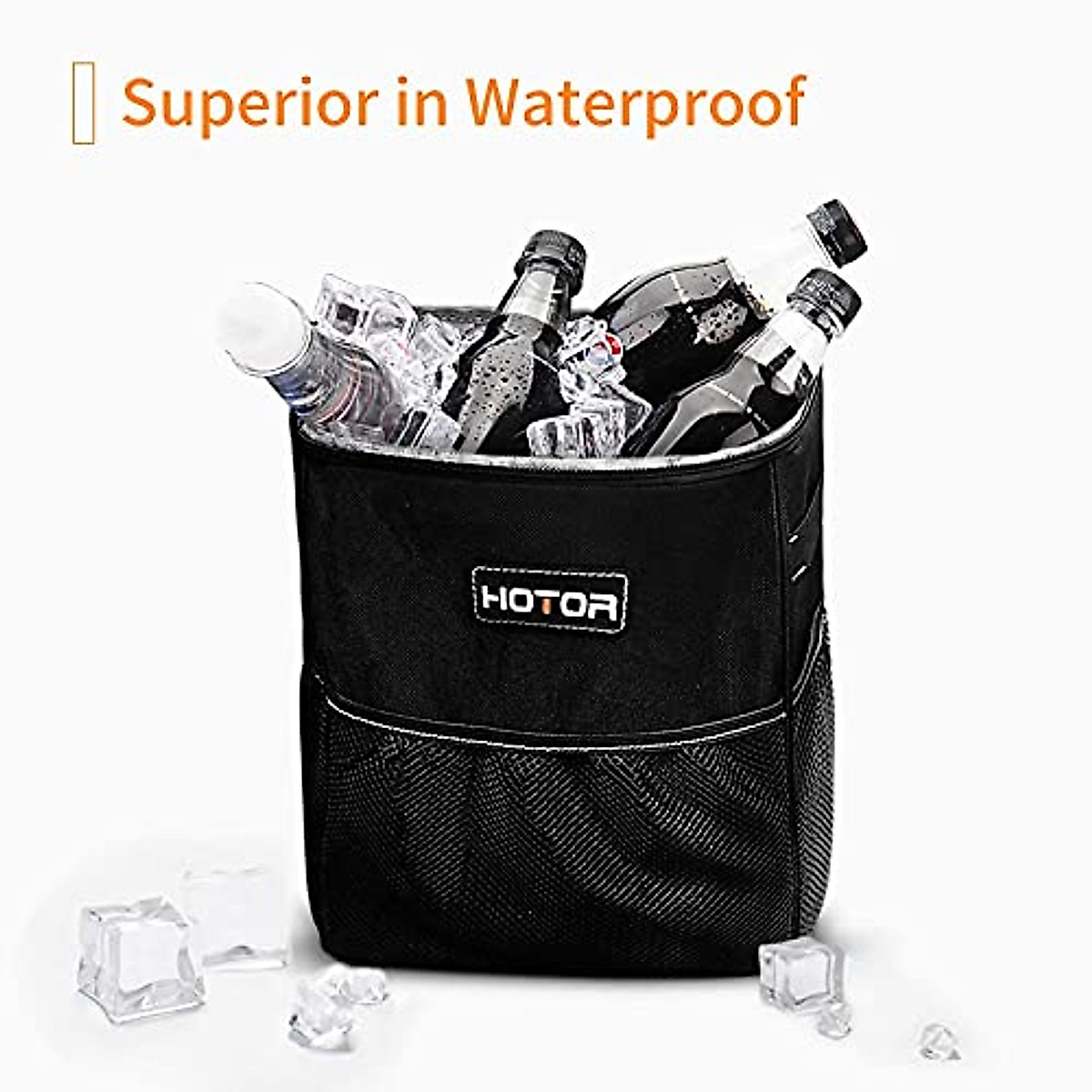 HOTOR Trash Can with Lid and Storage Pockets, 100% Leak-Proof Organizer, Waterproof Garbage Can, Multipurpose Trash Bin for Car - Black