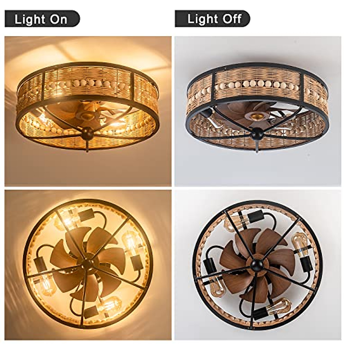 EKIZNSN Boho Caged Ceiling Fan with Light, 20 Inch Modern Boho Bladeless Ceiling Fan, Low Profile Flush Mount Ceiling Fans with Lights for Bedroom (5 E26 Bulbs Included)