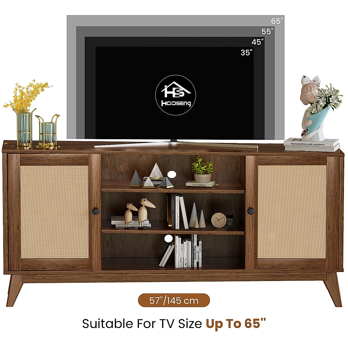 AWQM Rattan TV Stand for 65 Inch TV, TV Console Table with 2 Rattan Doors, Modern Entertainment Center with Storage Cabinet and Open Shelves, for Living Room, Bedroom, Walnut