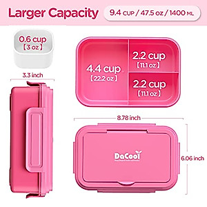 DaCool Kids Lunch Box with Ice Pack Chill Bento Lunch Containers 9.4 CUP Toddler Cold Bento Box with 3+1 Compartments Fork for Meals Snack Fruit, Leakproof Dishwasher & Microwave Safe BPA-Free,Pink