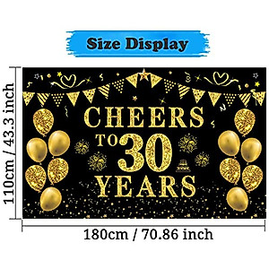 Trgowaul 30th Birthday/Anniversary/Wedding Decorations for Women Men, Cheers to 30 Years Banner, Black and Gold 30th Birthday Backdrop, 30 Bday Decorations Party Banner Photography Supplies Background