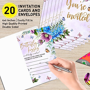 UDNADKEX Baby Shower Invitations for Girl Lavender Floral with Envelopes, Invites for Baby Showers Party Butterfly, Butterfly Kisses, 4"x6" Set of 20