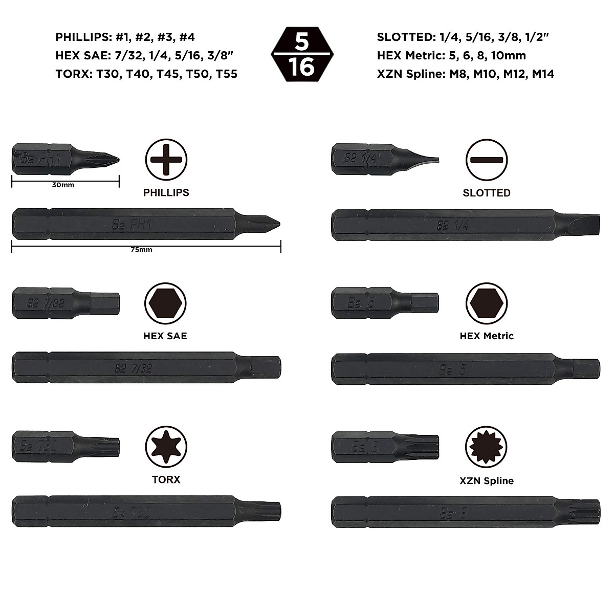 KAIFNT K459 Impact Driver Sturdy Bit Set with Adapters, 5/16-Inch Hex Shank, 53-Piece