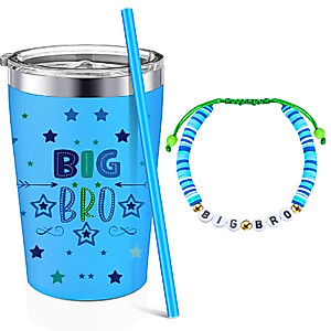 Maxcheck 2 Pcs Big Brother Gift Brother Christmas 12 oz Big Brother Cup Stainless Steel Mug Blue Vacuum Insulated with Leak Proof Lid and Straw Big Brother Bracelet for Little Boy