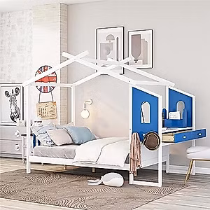 Heliosphere Full Size Platform Bed Frame with Built-in Desk and 2 Drawers, Storage Bed Frame with Separate Storage Pen Case, House Shaped Platform Bed, Solid Wood Bed Frame for Kids Teens Bedroom