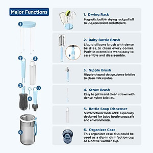 YOTIME Travel Baby Bottle Brush Set with Silicone Portable Bottle Brush, Nipple Cleaner Brush, Straw Brush, Bottle Soap Dispenser and Stand, Blue