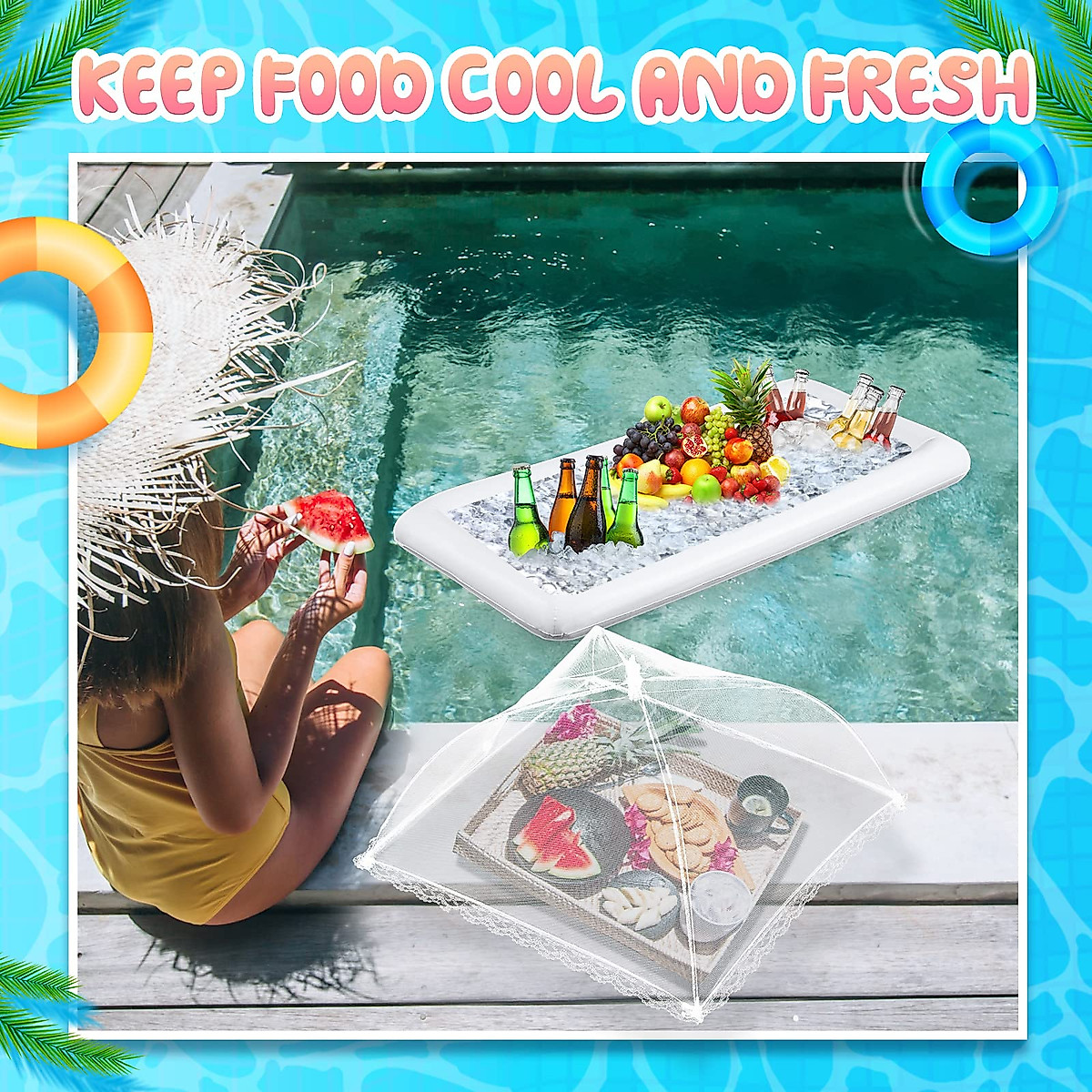 Didaey 4 Pieces Inflatable Ice Serving Bar Inflatable Cooler for Parties Floating Ice Tray Food Drink Containers 12 Pcs Mesh Food Umbrella Covers Tent Food Covers for Pool Party Outdoor Indoor Picnic