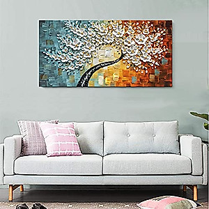 Diathou 20x40in 3D Abstract Paintings,Hand-Painted Painting of White Flowers and Trees, Canvas Wood Frame, Ready to Hang The Wall to Decorate The Living Room Bedroom