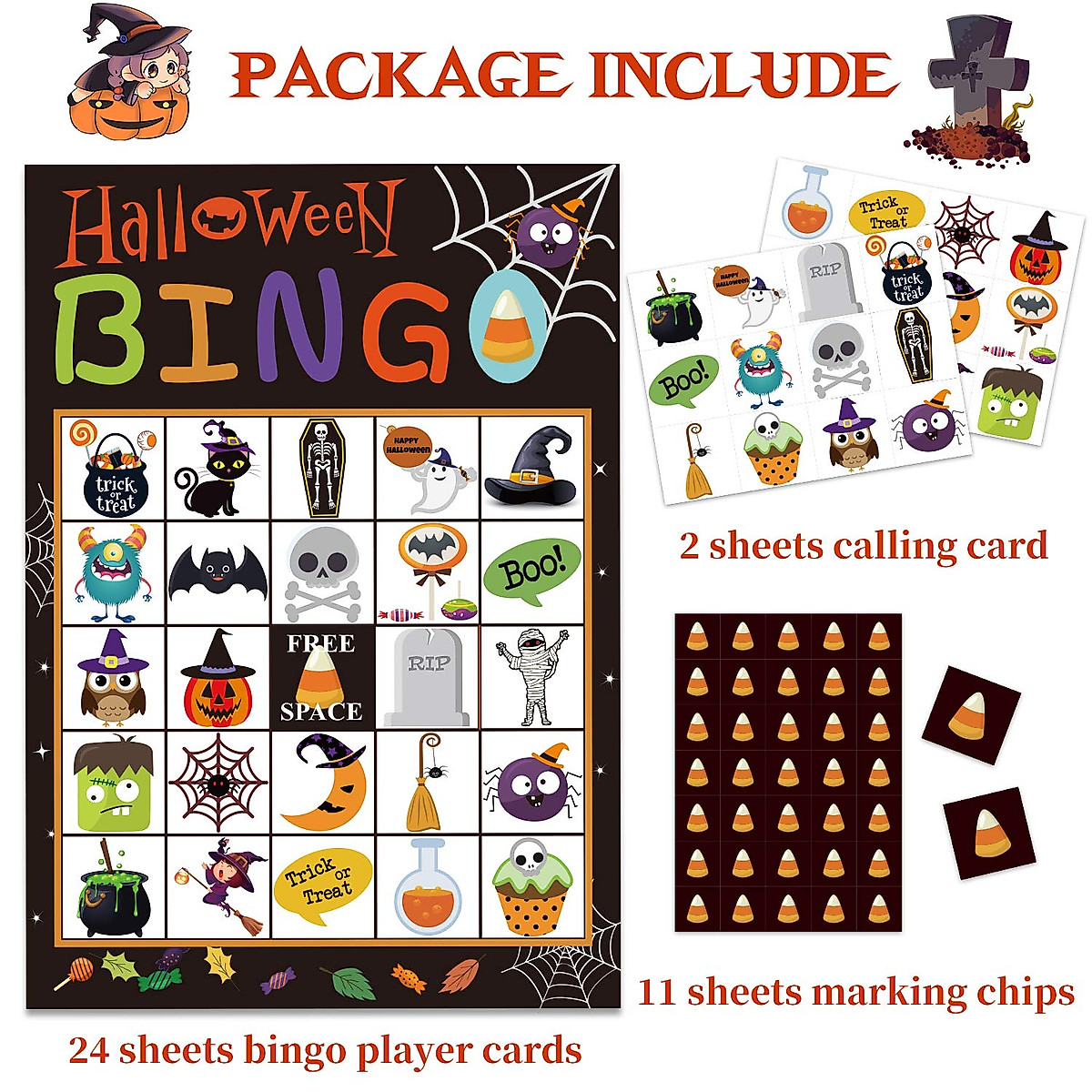 Funnlot Halloween Bingo for Kids Halloween Bingo Cards for Kids Halloween Games for Party 24 Players Halloween Party Card Games for Party School Classroom Family Activities