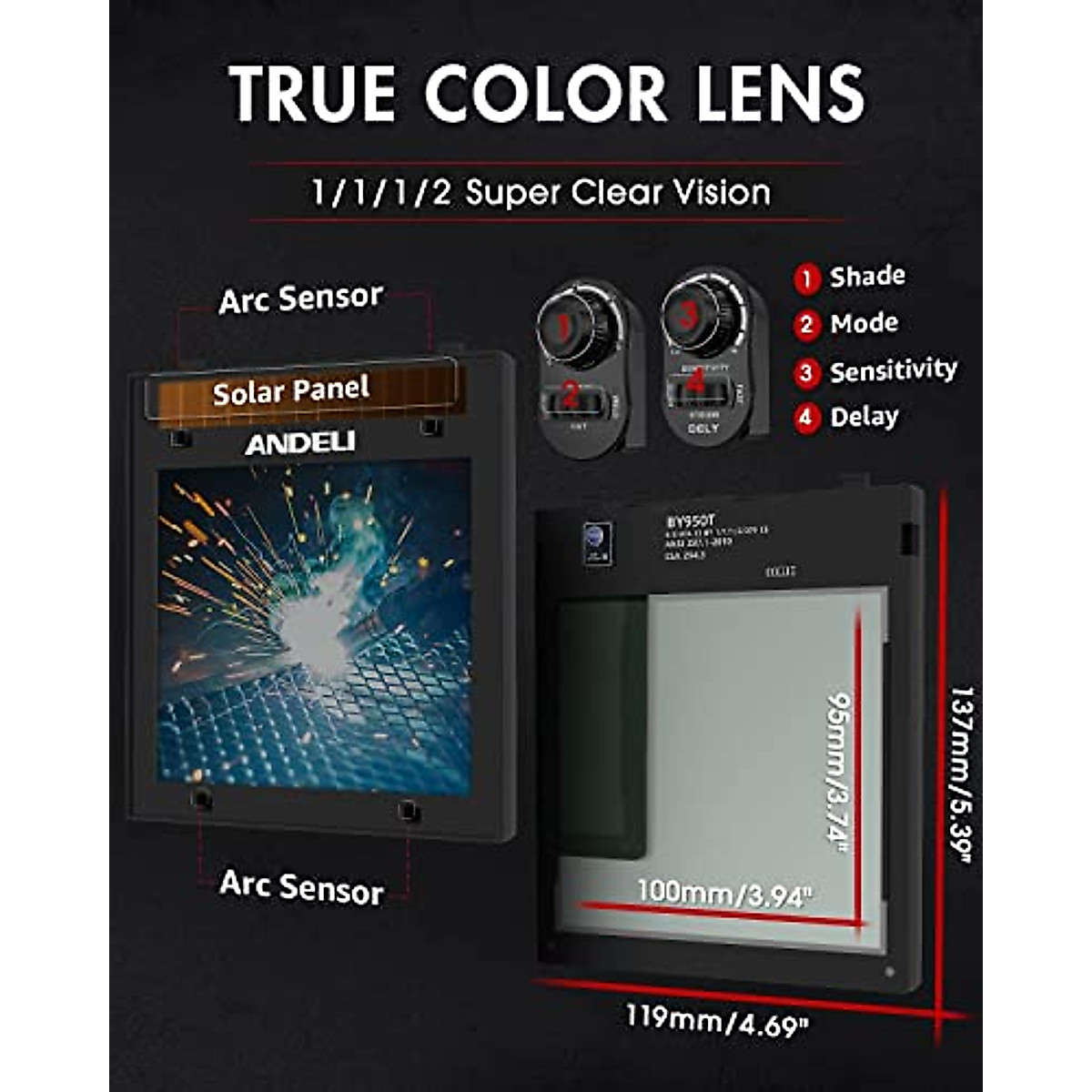 ANDELI Welding Helmet,Panoramic 180° Large Viewing True Color Solar Powered Auto Darkening Welding Helmet with Side View 4 Arc Sensor Wide Shade 4/5-8/9-13 Welder Mask for TIG MIG ARC Grinding Plasma