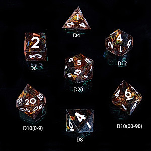 Xinwangda D & D Dice Set 11 manual translucent polyhedron goblin flash epoxy resin dice gift metal box game dice suitable for ttrpg dungeon and dragon role-playing games desktop games (Amber)