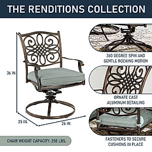 Hanover Renditions 7 Piece Outdoor Dining Set with Sunbrella® Fabric and Elegant 60" Round Patio Table with 6 Comfortable Swivel Chairs and Rust, UV, and Weather-Resistant Aluminum Frames in Mist