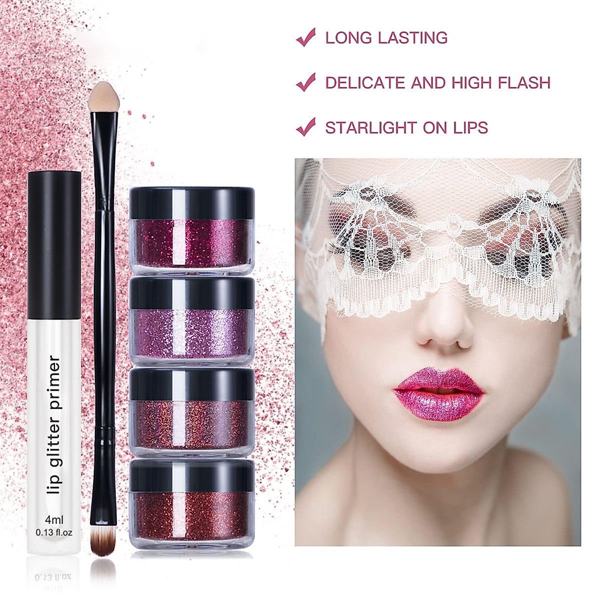 Kawaii Kisses Glitter Lip Kit, 4 Colors Glitter Lip Kit Gloss, Shiny Diamond and Metallic Lip Glitter Makeup Lipstick Lip Gloss Glitter Lipstick, Glitter Lips Makeup with Lip Primer and Brush(A)