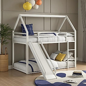 PVWIIK Twin Over Twin Metal Bunk Bed with Slide and Roof Design for Kids,Girls, Boys,House Shaped Bunk Bed Frame,No Box Spring Required,White