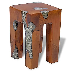 SKM Wooden Stool Handmade Small Stool Solid Teak Wood and Resin 11.8" x 11.8" x 15.7" (L x W x H)