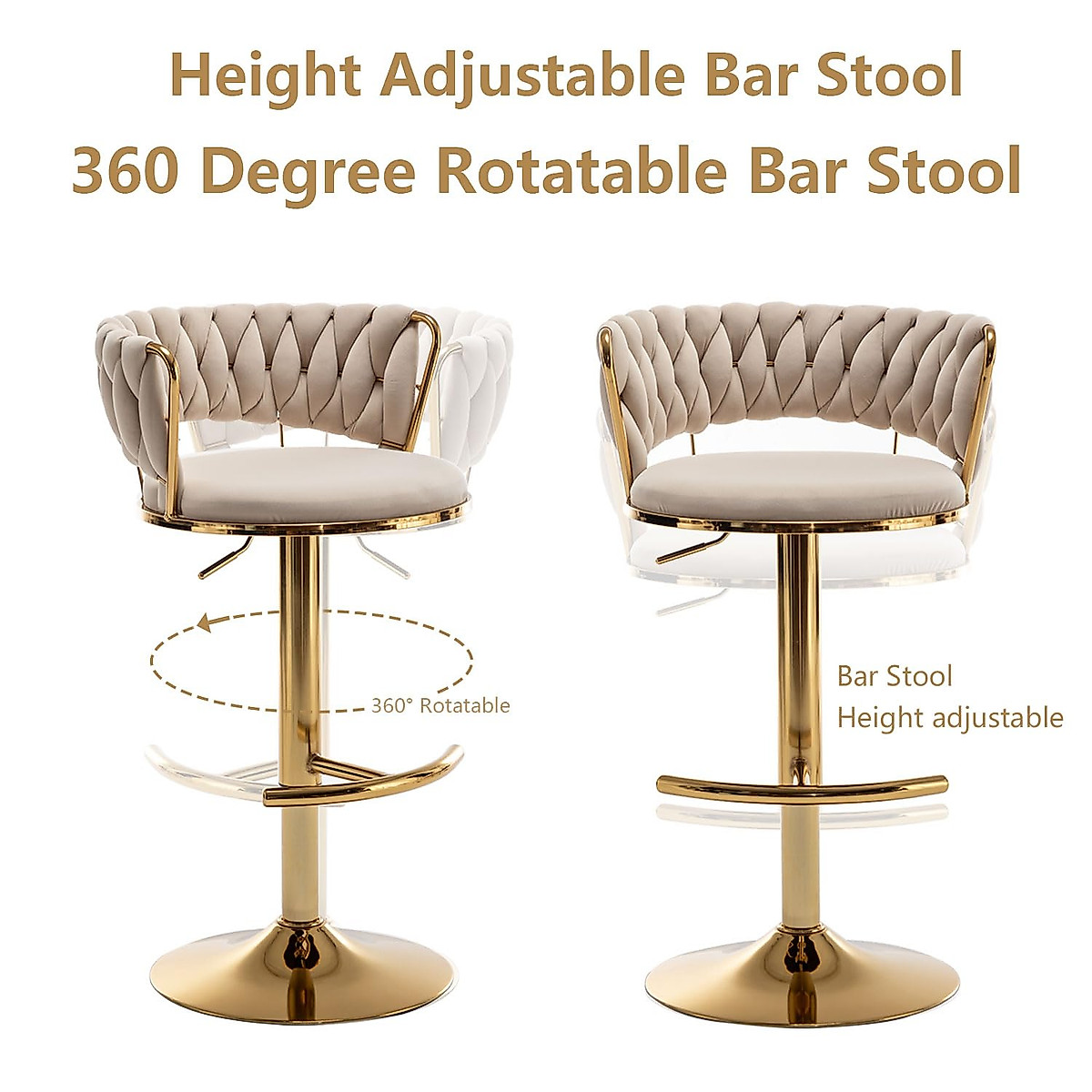 Riknuxi Gold Velvet Bar Stools Set of 4, Counter Height Bar Stools with Low Back, Swivel Bar Stool for Kitchen Island, Bar Pub (Beige)