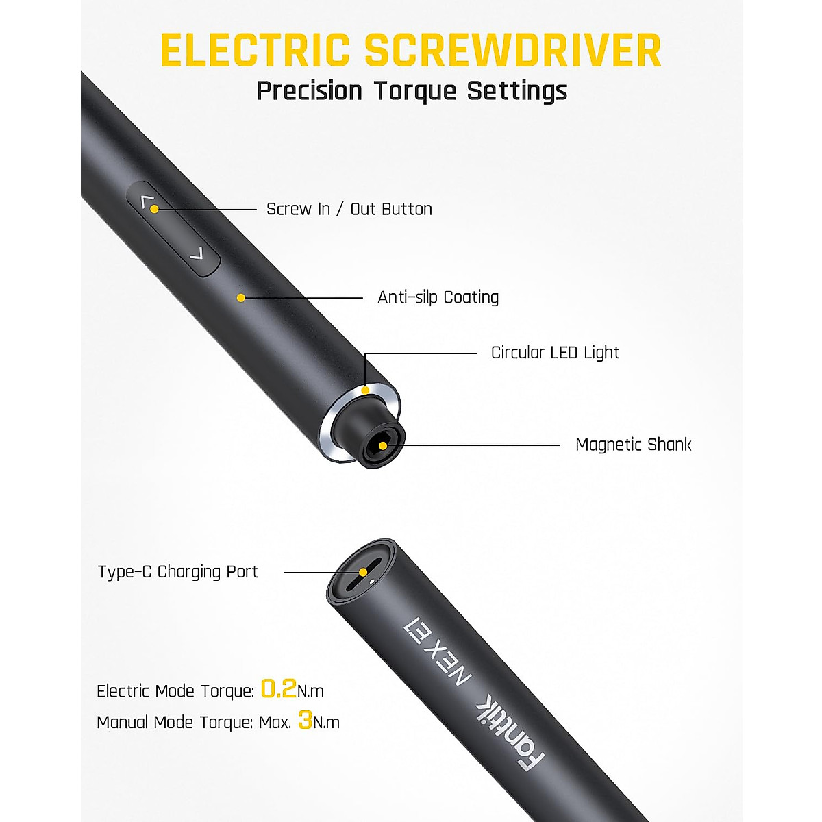 Fanttik NEX E1 3.7V Mini Electric Screwdriver Precision Screwdriver, 12 Bits, 0.2N.m Torque Setting, Max. 3 N.m, Magnetic Storage, 5/32''Hex, Repair Tool Set for Phone Camera Laptop Watch