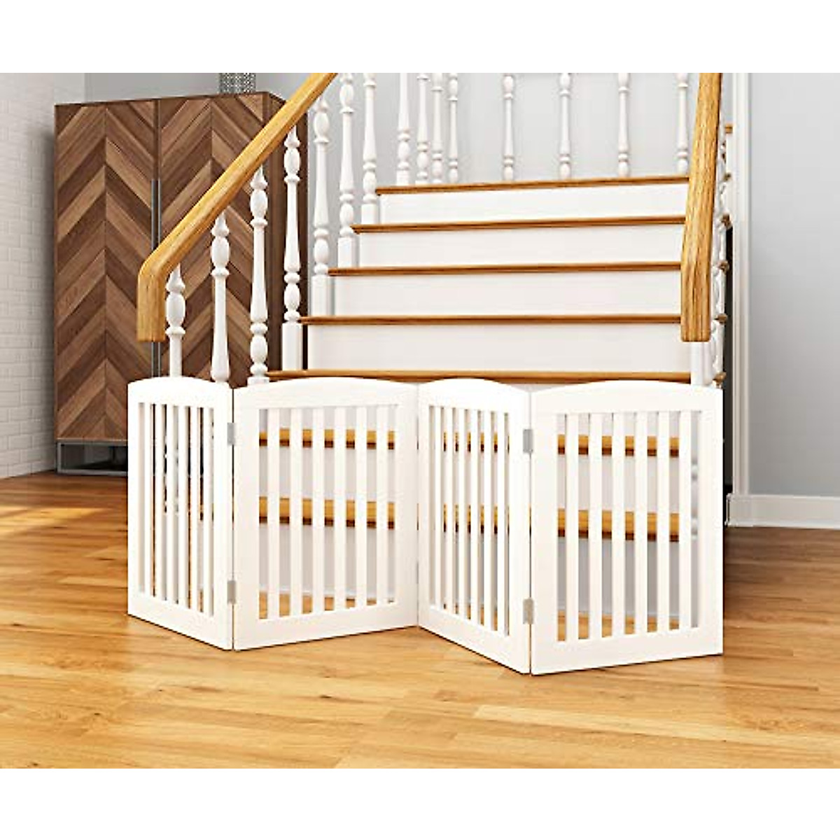 PAWLAND Wooden Freestanding Foldable Pet Gate for Dogs, 24 inch 4 Panels Step Over Fence, Dog Gate for The House, Doorway, Stairs, Extra Wide (White, 24" Height-4 Panels)
