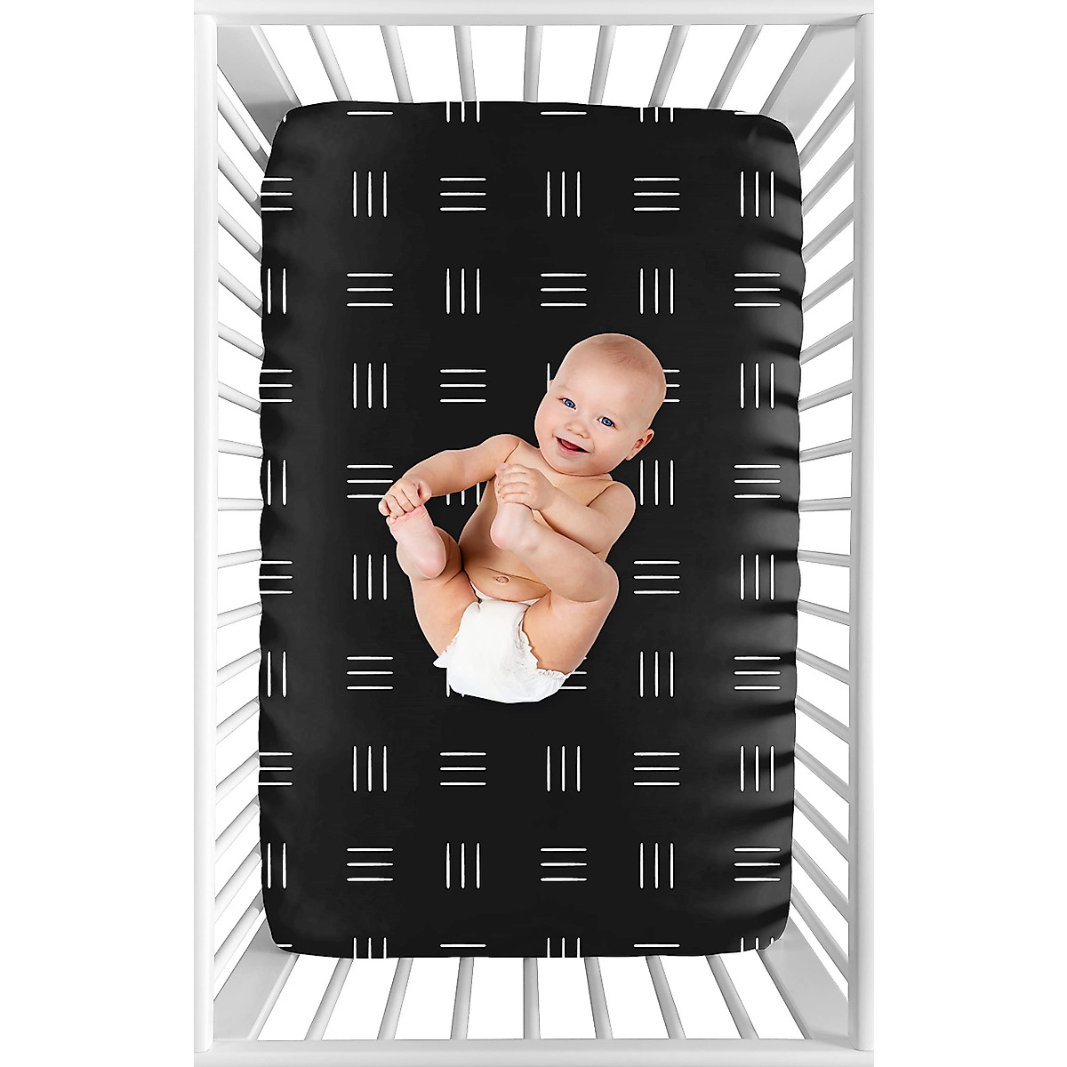Sweet Jojo Designs Black and White Boho Mudcloth Boy Girl Fitted Mini Crib Sheet Baby Nursery Portable Crib Pack and Play Bohemian Woodland Tribal Southwest Geometric Mud Cloth Hatch Triple Line