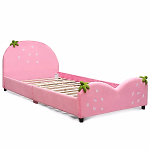 Costzon Twin Bed Frames for Kids, Wood Upholstered Twin Bed Platform with Slat Support, Padded Headboard&Footboard, No Box Spring Needed, Easy Assembly, Fits Standard Twin Mattress (Strawberry)
