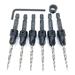 FTG USA Countersink Drill Bit Set 6 Pc #6 (9/64") Wood Countersink Drill Bit Pro Pack Countersink Set, with 3 Replacement Tapered Countersink Bit #6(9/64"), 1 Stop Collar, Hex Wrench